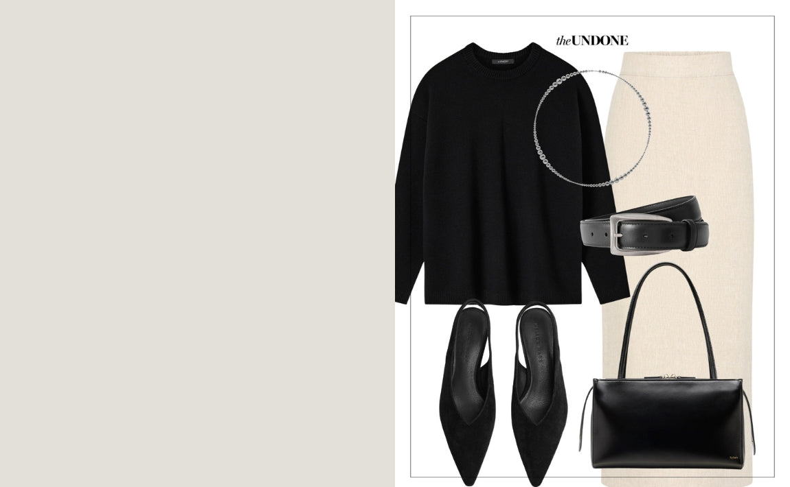 Outfit: Black knit, neutral skirt and heels – The UNDONE