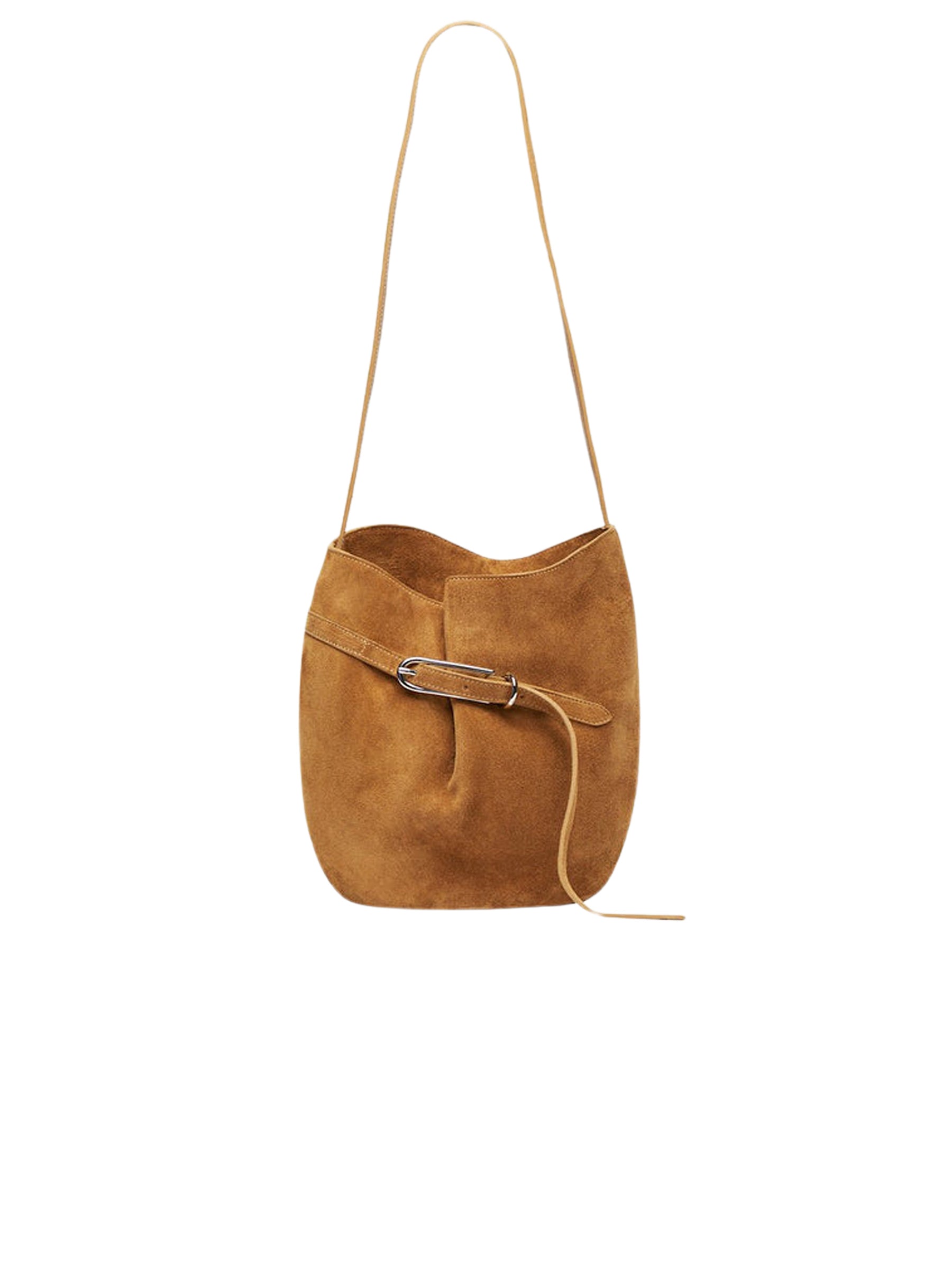 Liffner | Belted Bucket Bag in Beige Suede | The UNDONE